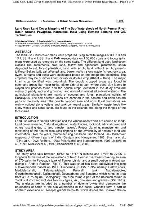 Pdf Land Use Land Cover Mapping Of The Sub Watersheds Of North Pennar River Basin Around