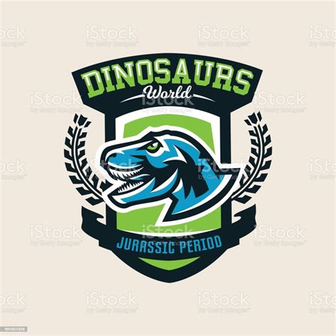 다채로운 상징 기호 중생대 시대의 주라기 기간 공룡은 방패의 배경에 고립 된 레이블 벡터 일러스트입니다 The Raptor