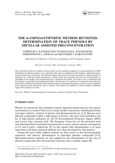 Pdf The 4 Aminoantipyrine Method Revisited Determination Of Trace Phenols By Micellar