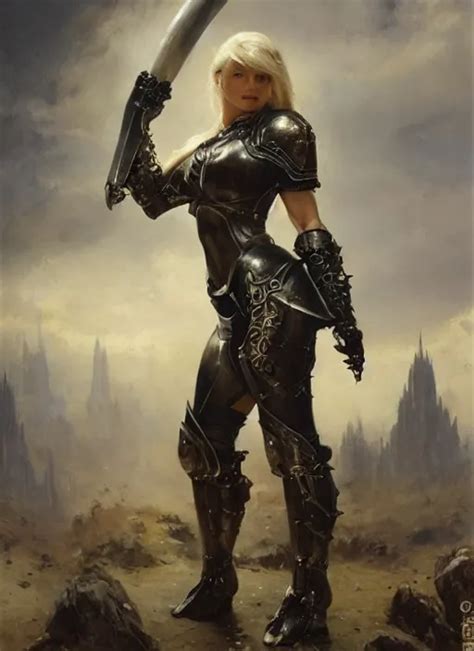 Blonde Muscular Woman Wearing Medieval Black Armour Stable Diffusion