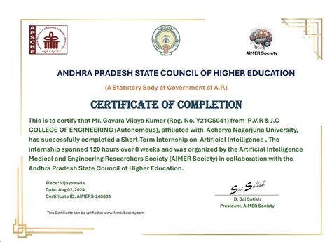 Finished Internship At Aimer Society In Ai Vijaya Kumar Gavara Posted
