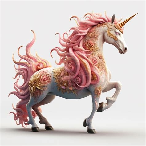Un unicornio con melena rosa y pelo dorado y rosa está sobre un fondo blanco Foto Premium