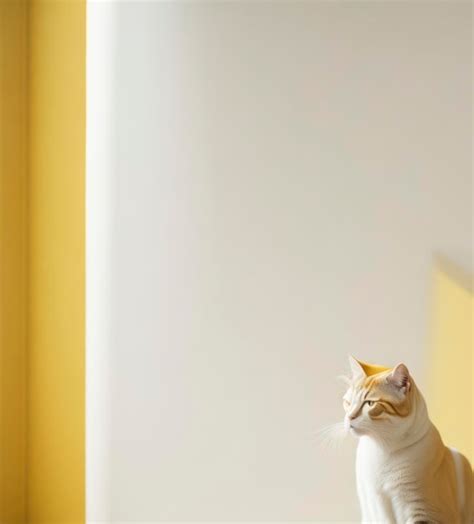 Un gato está sentado en una repisa frente a una pared amarilla Foto