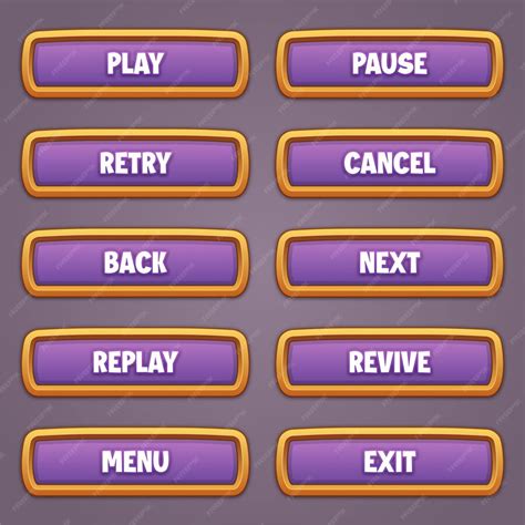 만화 스타일의 보라색 버튼 세트 2d 게임 만화 캐주얼 Gui 버튼 키트 프리미엄 벡터