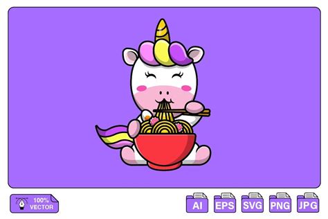 Cute Unicorn Eating Ramen Noodle Cartoon Graphic By Art Story