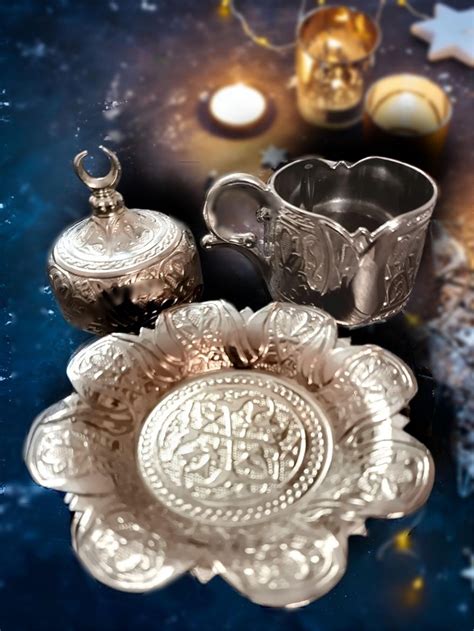 Silver Turkish Coffee Cup Set Crescent Moon Handle Ornate Tea Set Etsy