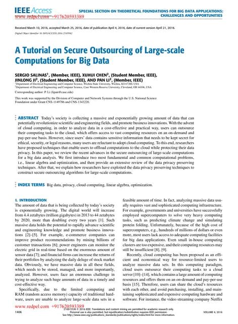 A Tutorial On Secure Outsourcing Of Large Scalecomputation For Big Data Pdf