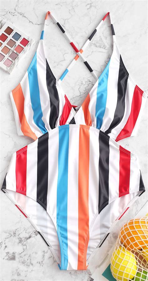Colorful Striped Cut Out Swimsuit Womens One Piece