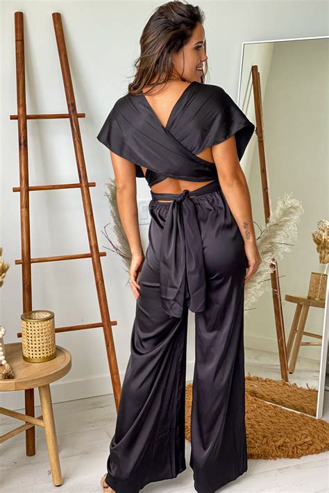 Black Satin Multi Tie Jumpsuit Jumpsuits Saved By The Dress