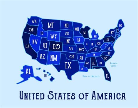 Usa Map With Borders And Abbreviations For Us Vector Image