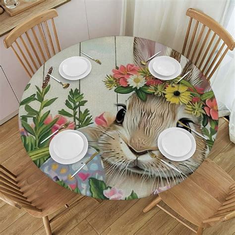 Shangniulu Easter Round Table Covers With Elastic Farm Egg Bunny Leaves Waterproof Fitted