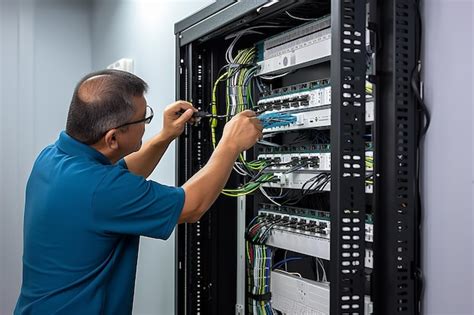 Premium Photo Technician Installing A Server Rack Mounted