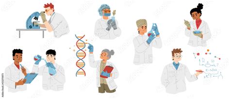 Scientists Research In Laboratory Medic Geneticist Chemist Or Biochemist Characters Working