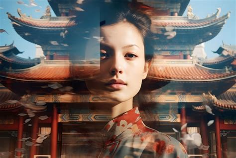 Portrait Of A Woman Against The Backdrop Of The Great Wall Of China And