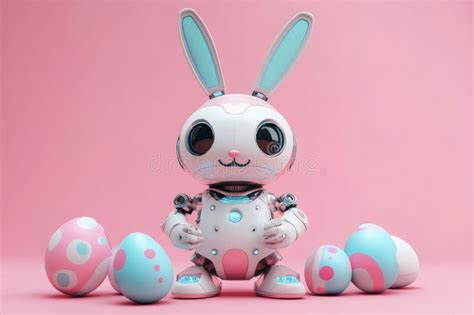 Cute Robot Bunny Celebrating Easter With Colorful Eggs On Pink Background Stock Illustration