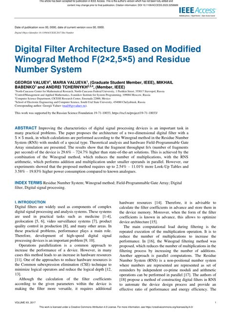 Pdf Digital Filter Architecture Based On Modified Winograd Method F2×25×5 And Residue