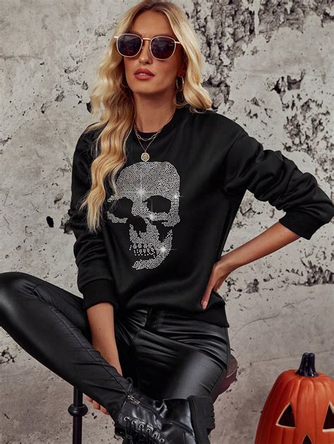 Shein Lune Halloween Rhinestone Skull Pattern Drop Shoulder Sweatshirt