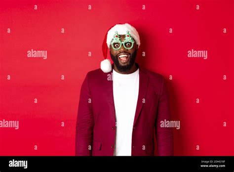 Merry Christmas Cheerful Black Man Wearing Funny Party Glasses And
