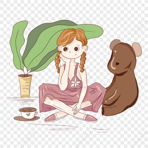 앉아서 커피를 마시는 소녀 Png 일러스트 무료 다운로드 Lovepik