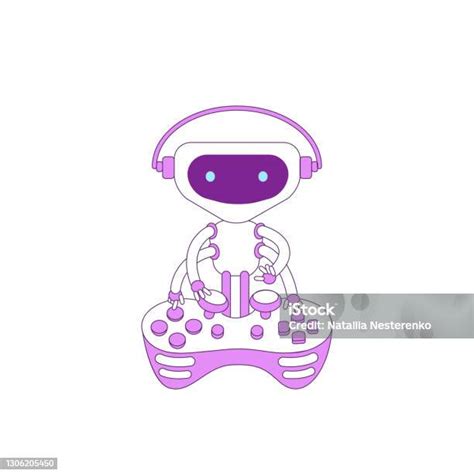 콘솔 조이스틱 보라색 선형 물체를 재생 로봇 비디오 게임 봇 얇은 라인 기호 비 플레이어 캐릭터 인공 지능 기술 흰색 배경에 절연 윤곽 일러스트 로봇에 대한 스톡 벡터 아트