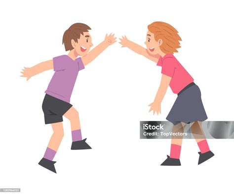 하이파이브를 하는 두 소년 쾌활한 친구 캐릭터 미팅 행복 계약 또는 기쁨 표현 만화 스타일 벡터 일러스트 2명에 대한 스톡 벡터 아트 및 기타 이미지 Istock