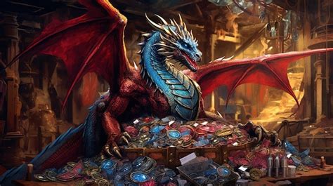 A Cyborg Dragon Guarding A Treasure Hoard Fantasy Concept Illustration Painting Generative AI