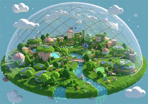 Futuristic Eco City Under Glass Dome With Green Technology And