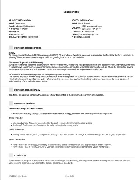 Homeschool School Profile Sample Guide