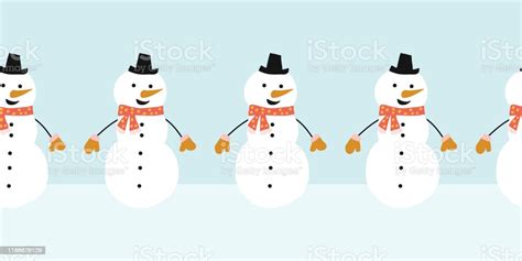 눈사람 원활한 벡터 테두리입니다 수평 행에 서 귀여운 눈사람 겨울 휴가 반복 테두리 플랫 스칸디나비아 스타일입니다 어린이 장식