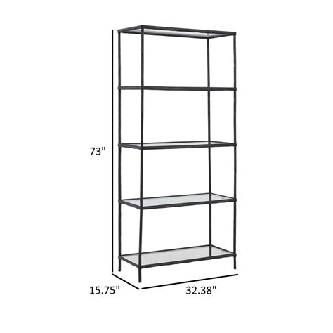 Benzara Dalie 73 Inch Bookcase 5 Tier Open Clear Glass Shelves Black