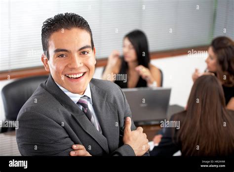 Business Office Team Work Man Leading A Group Of Girls Behind Him