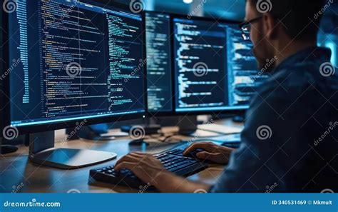 Software Developer Coding At A Computer Workstation In A Modern Office