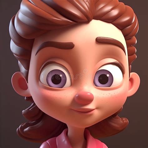 Cute Cartoon Girl With Brown Hair And Big Eyes 3d Render Stock