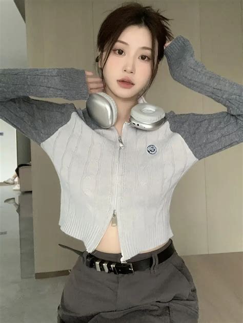 컬러 블록 지퍼 업 케이블 니트 카디건 캐주얼 롱 슬리브 슬림 크롭 스웨터 여성 의류 위시버킷