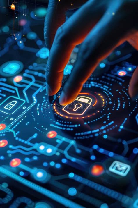 Digital Security Finger Touching Secure Pin Pad With Glowing Lock And Encryption Symbols Stock