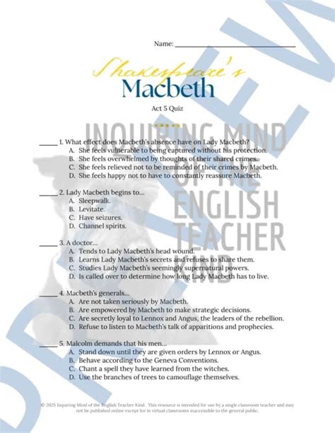 Macbeth Act 5 Quiz And Answer Key Shakespeare Assessment Self Grading