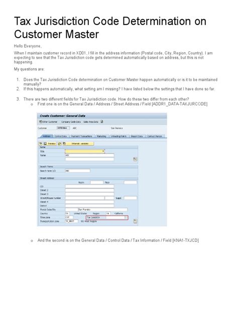 Tax Jurisdiction Code Determination On Customer Master Pdf
