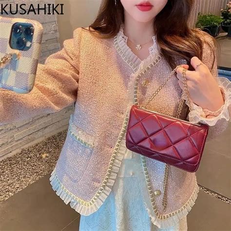 Kusahiki 우아한 짧은 여성 코트 시크 메쉬 패치워크 트위드 패션 우아한 재킷 한국 스타일 아우터 상의 2023