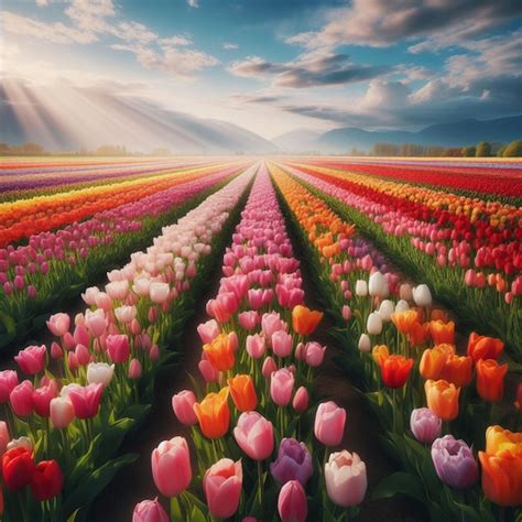 Premium Photo A Field Of Tulips In Different Colors Under A Blue Sky