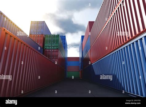Warehouse Of Stacked Cargo Standard Containers For Temporary Storage Loading Unloading And
