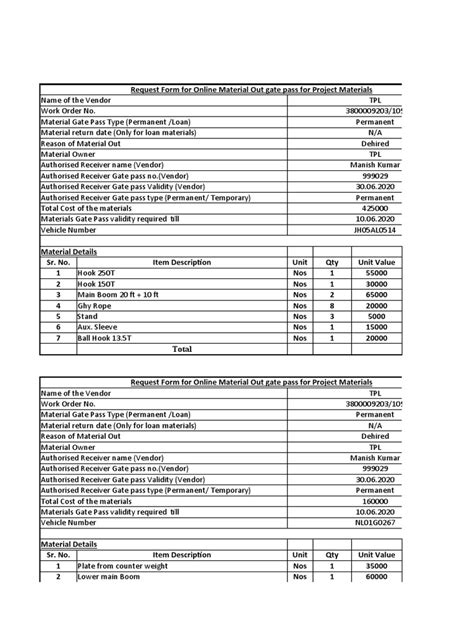 Material Out Gate Pass 01062020 Pdf Vehicles Transport