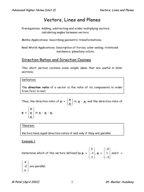 vectors lines and planes notes pdf matrix mathematics
