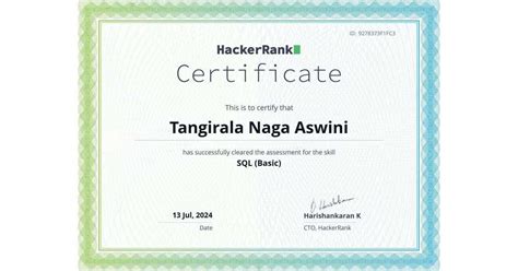 Tangirala Naga Aswini On Linkedin Hackerrank Skill Certificate