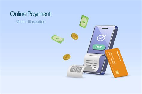 온라인 결제 디지털 뱅킹 개념 모바일 터치 스크린에서 신용 카드 결제 및 청구 영수증에 성공적인 거래가 있는 스마트폰 3d 벡터 3차원 형태에 대한 스톡 벡터 아트 및 기타