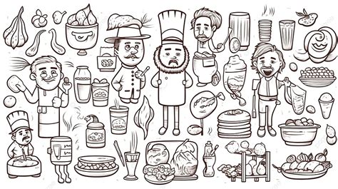 Cartoon Food Objects And People Characters Set Coloring Page Background