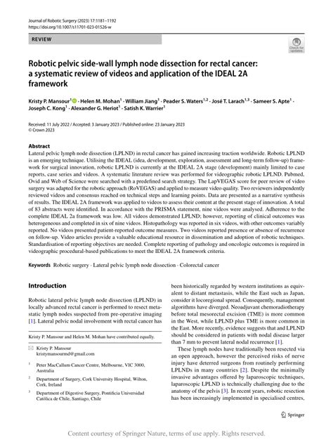 Robotic Pelvic Side Wall Lymph Node Dissection For Rectal Cancer A Systematic Review Of Videos