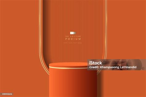 호화스러운 주황색 3d 황금 선 실린더 연단 주춧대 현실적 또는 아치 창에 있는 수직 본을 가진 제품 진열대 모형을 위한
