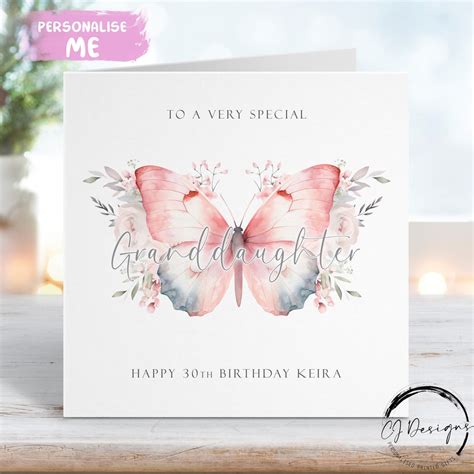 Personalised Granddaughter Birthday Card Pink And Grey Butterfly