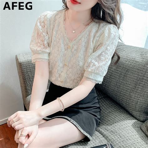 Afeg New Korean V Neck Fashion Slim And Versatile Temperament Lace