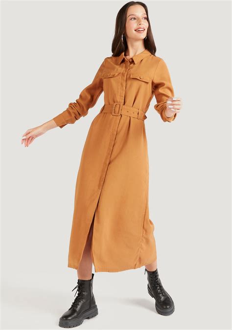 Shop Denim Maxi Shirt Dress With Belt And Long Sleeves Online Splash Uae